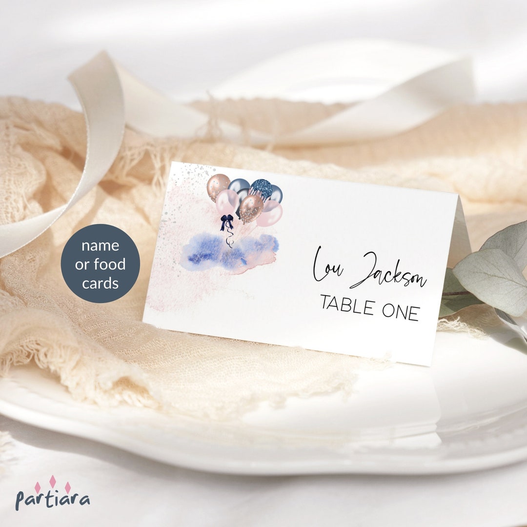 Editable Name Place Card Template Blue Pink Balloons Birthday - Etsy