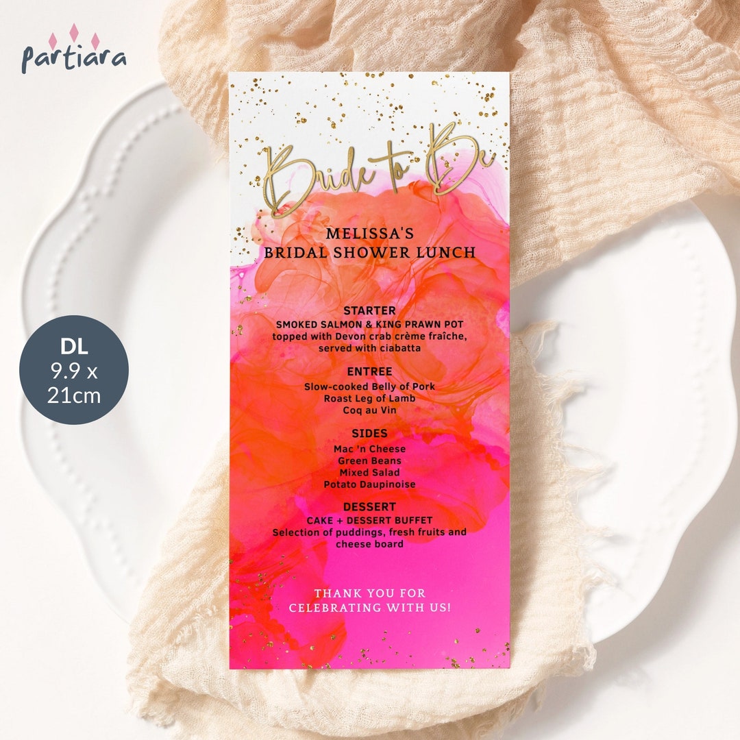 Bride to Be Menus, Bridal Shower Menu Cards, Editable Hot Pink Orange ...