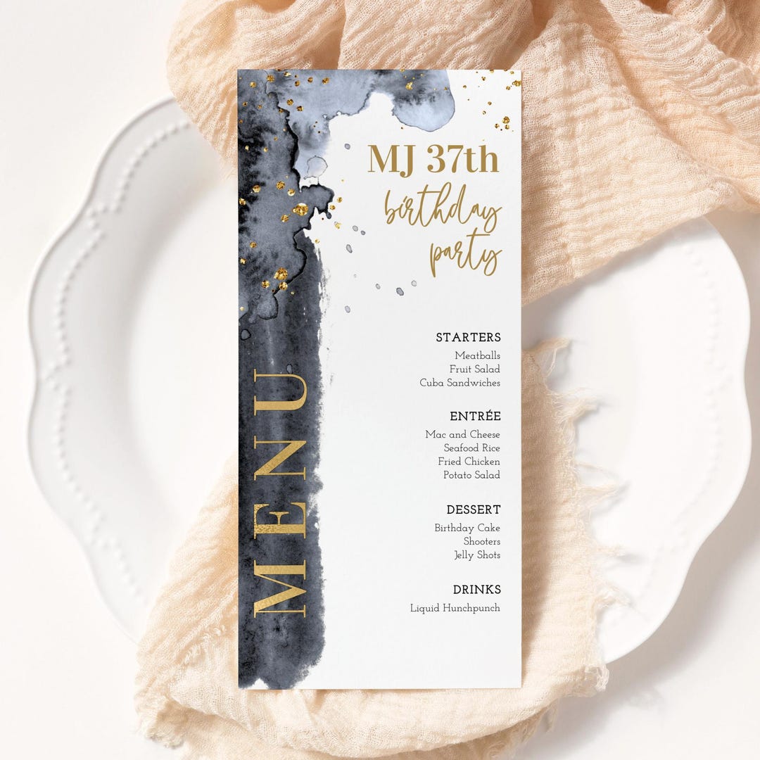 Birthday Menu Template, Black Gold Party Menus Printable, Men or Ladies ...
