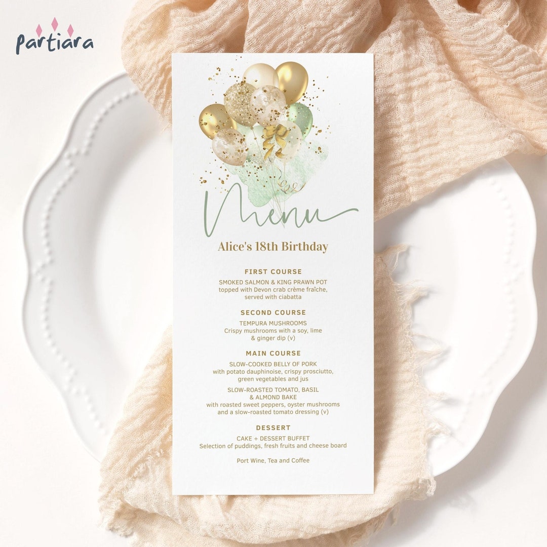 Sage Green Menu Card Template Teens Girls Ladies Dinner Party Table ...
