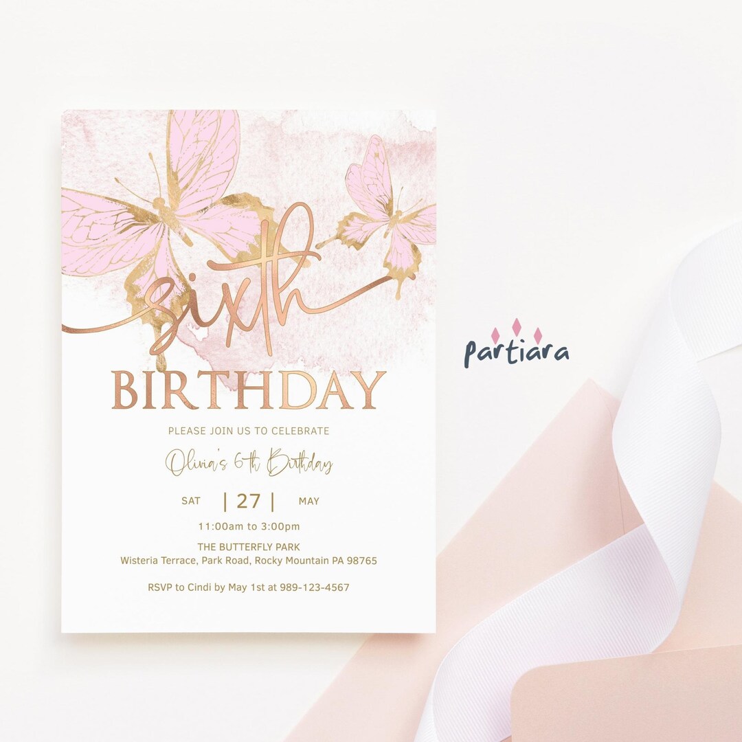 6th Birthday Invitation Pink Butterfly Party Digital Download, Girls ...