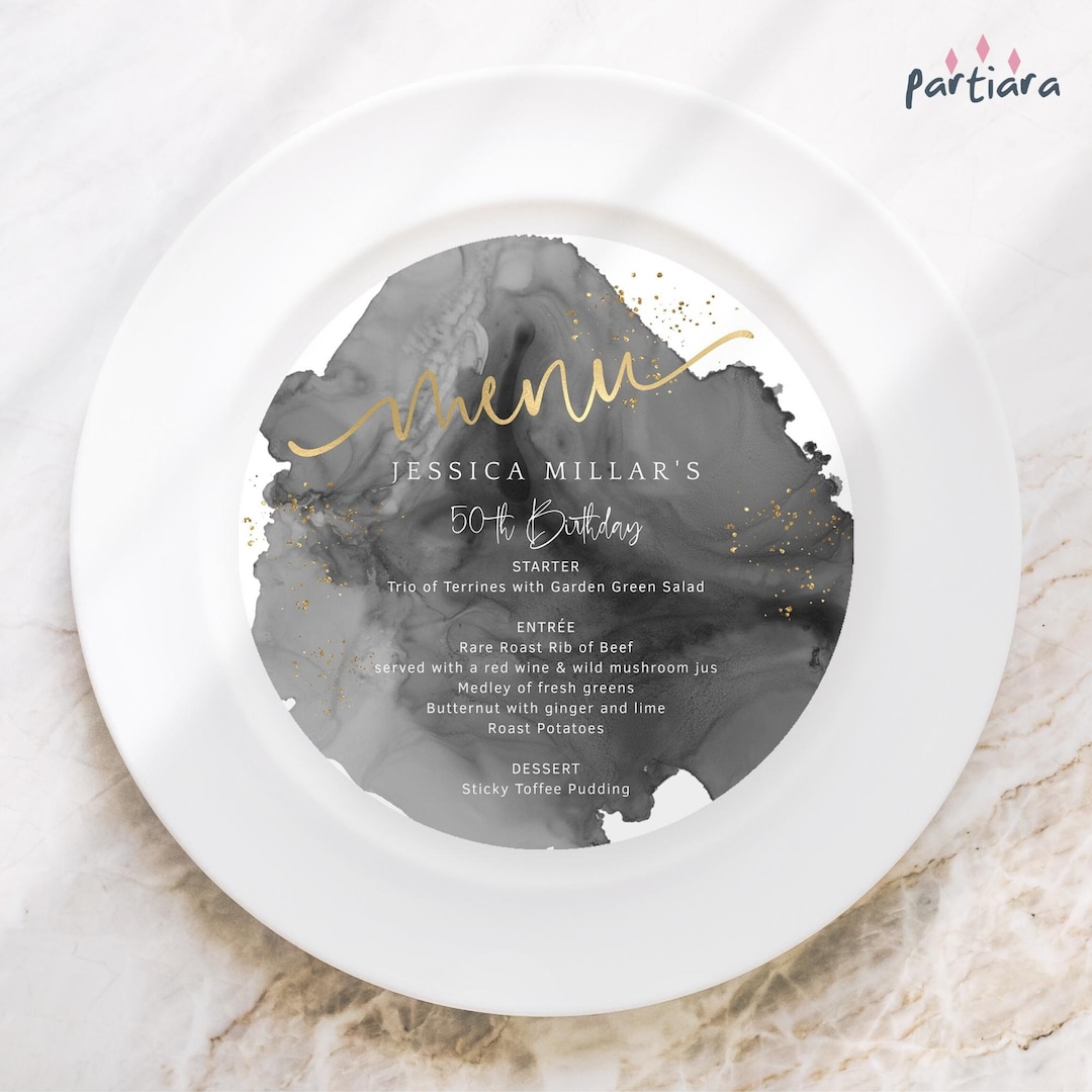 Black Menu Plate Insert Card, Birthday Charger Menus Printable, Mens ...