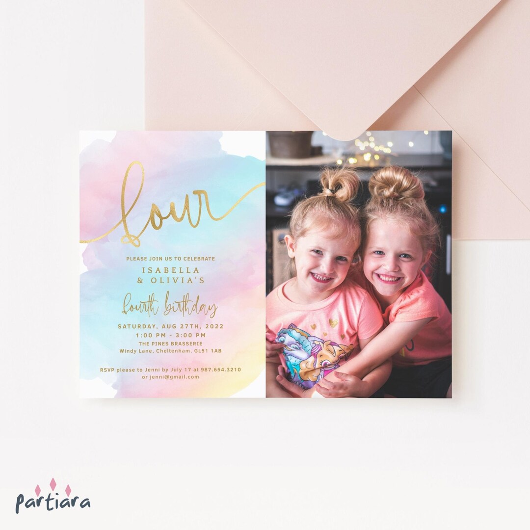 Pastel 4th Birthday Invitation Photo Printable Cards, Girl's Gold Four ...