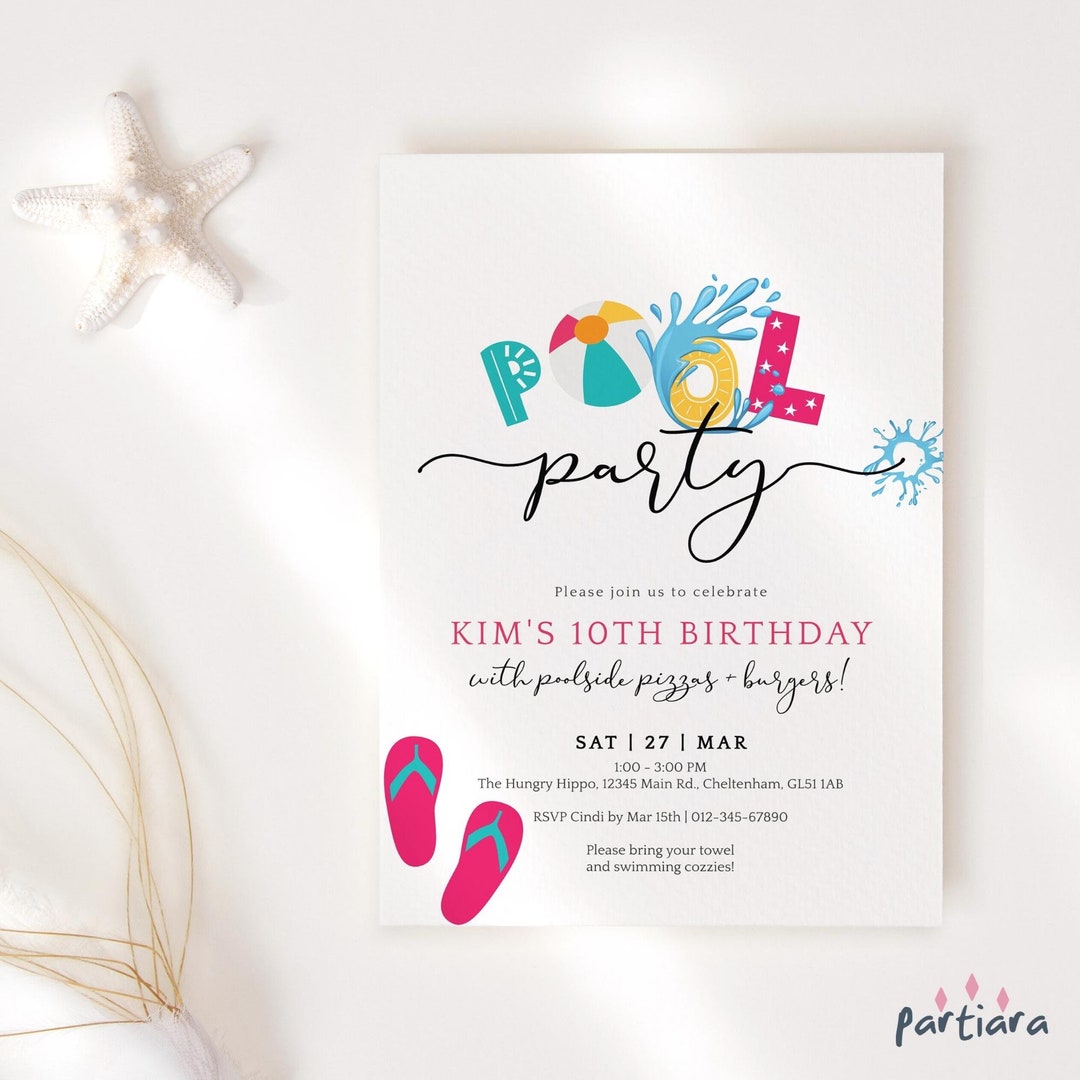 Girls Pool Party Invitation Birthday Swimming Invites Printable Beach ...