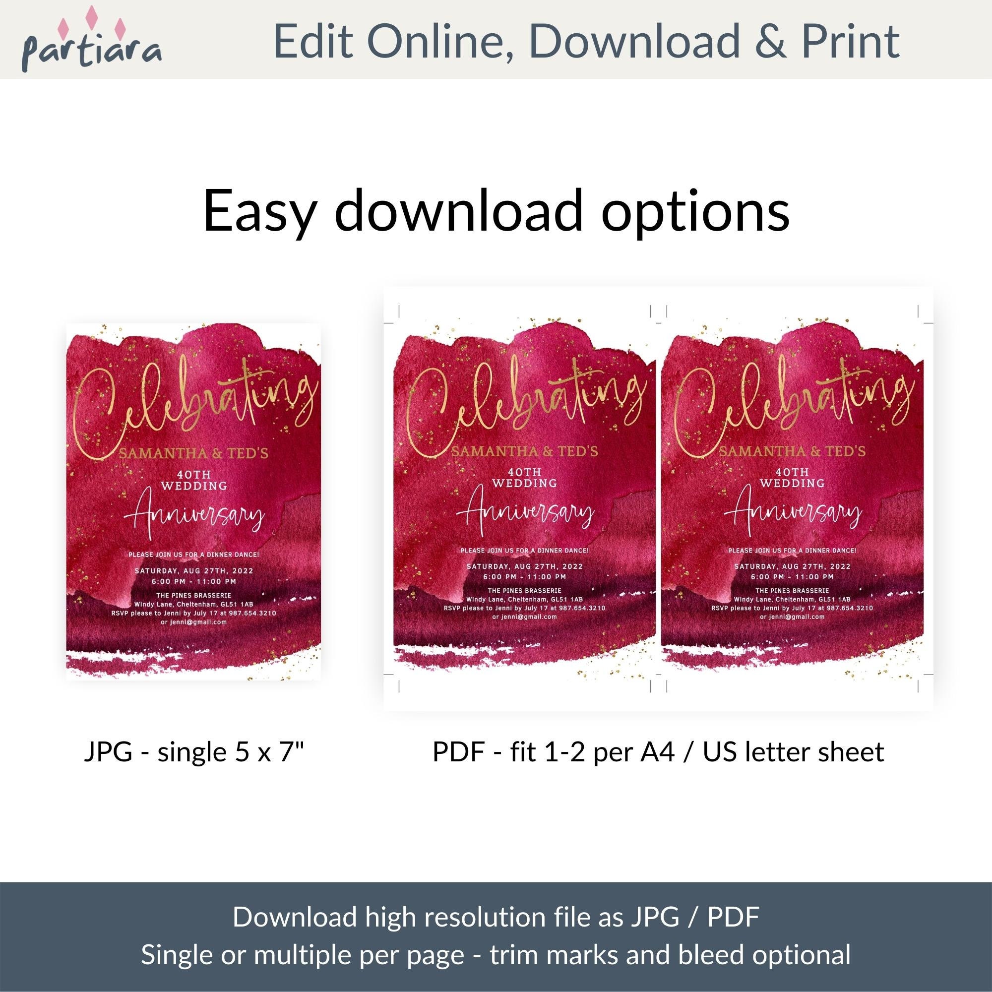 Ruby Wedding Anniversary Invitation Printable 40th Anniversary - Etsy UK