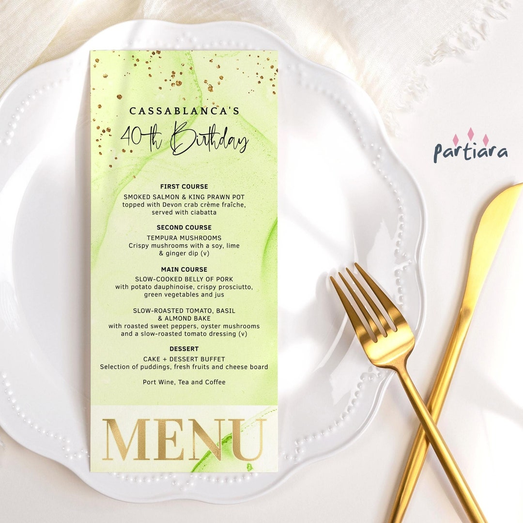 Green Gold Menu Card Printable Ladies Teen Girls Birthday Party Table ...