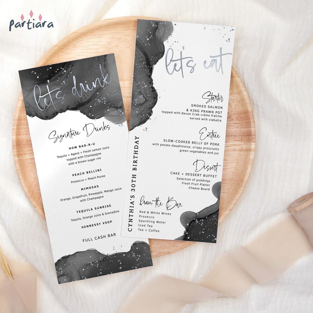 Dinner Party Menus Printable, Birthday Food Table Menu Template, Bar ...