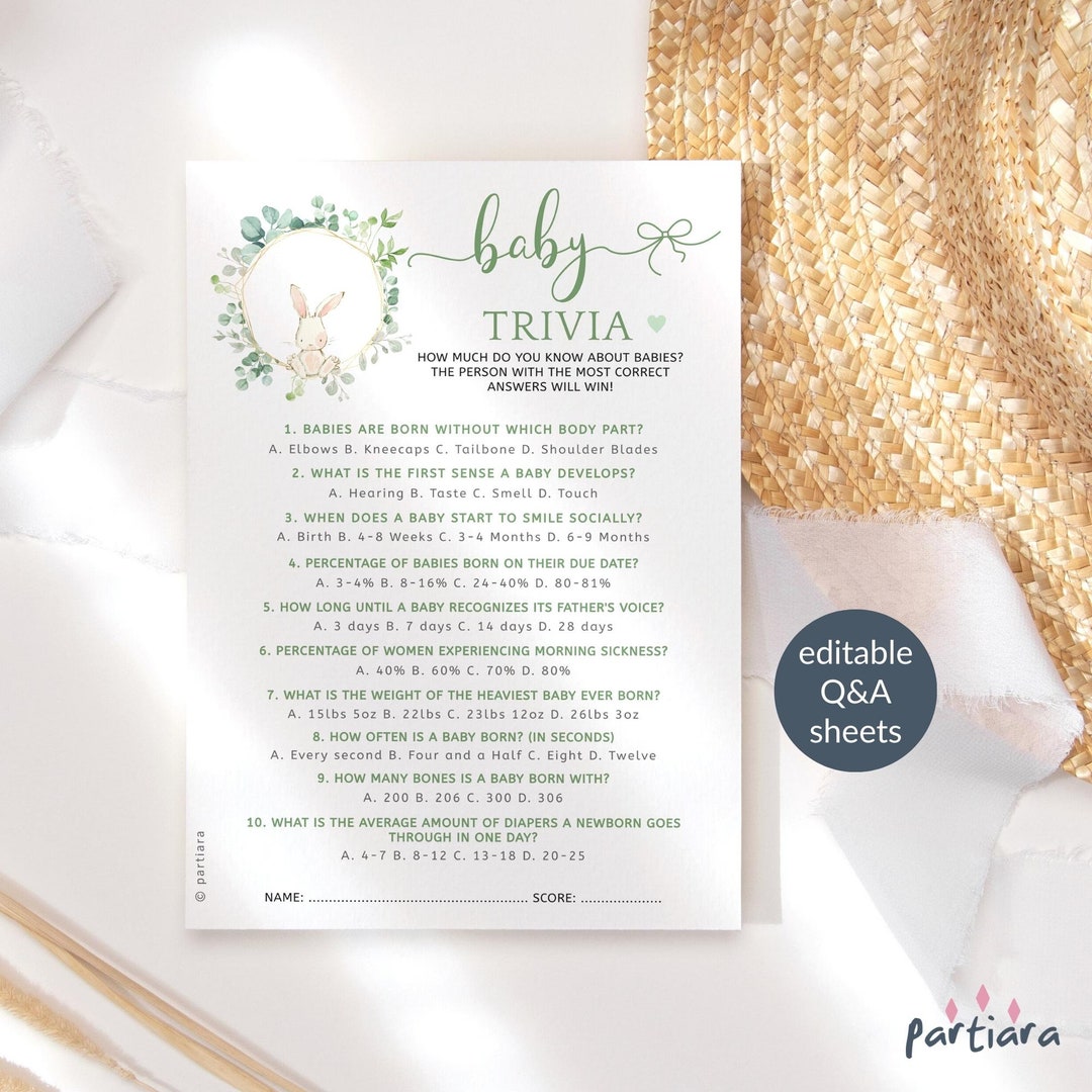 Bunny Baby Shower Trivia Game Boy Greenery Gold Rabbit Party Activity ...