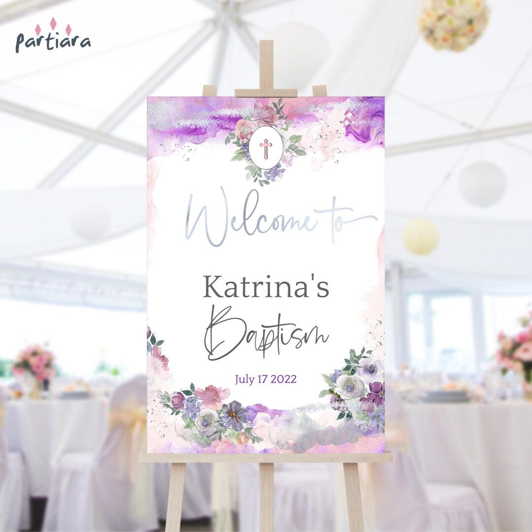Purple Baptism Welcome Sign Printable, Girl Baptism Party Welcome Poster Decor, Lilac Pink ...