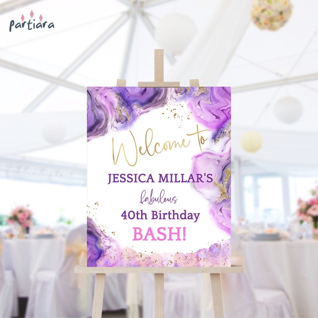 Purple Welcome Sign, Birthday Party Printable Welcome Board, Pink Gold ...