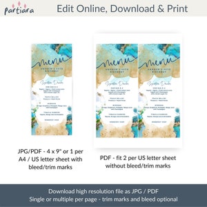 Turquoise Menu Card Template, Birthday Dinner Party Table Menus ...