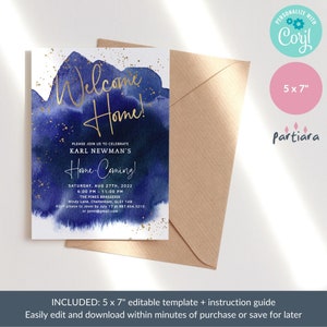 Welcome Home Party Invitation Printable Blue and Gold Home Coming ...