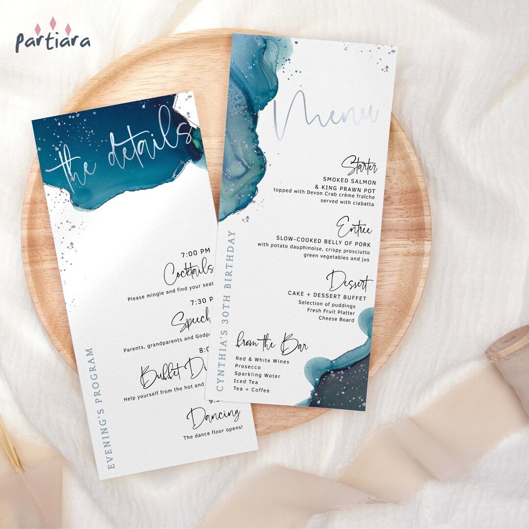 Teal Silver Menu Program Card Template, Ladies Birthday Dinner Party ...