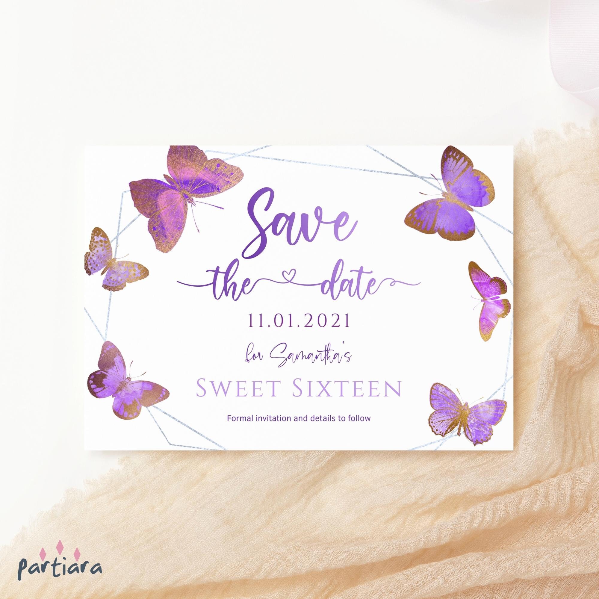 Editable Save the Date Card Birthday Butterflies Party Announcement ...