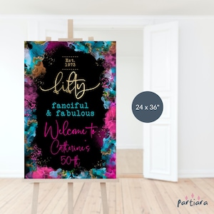 50th Birthday Sign Welcome Dinner Party Poster Decoration Hot Pink Teal ...