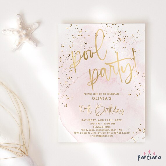 Pool Party Invitation Pink and Gold Girl's Birthday - Etsy