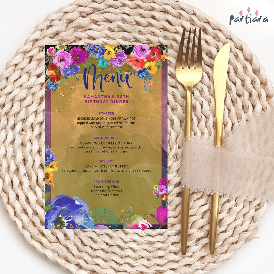 Birthday Fiesta Menu Card Ladies Floral Brunch Menus Printable Teen ...