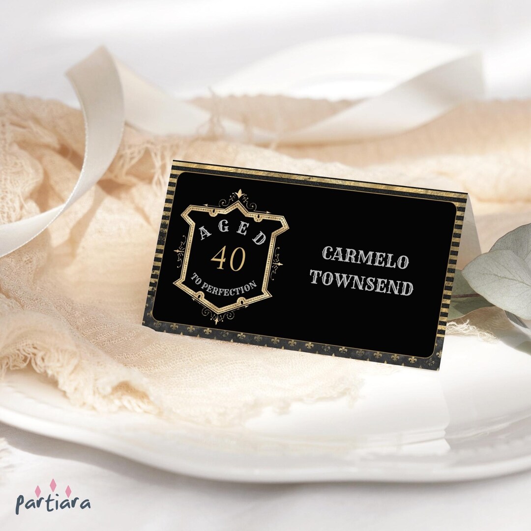 Editable Mens Birthday Dinner Name Place Cards Printable Black and Gold ...