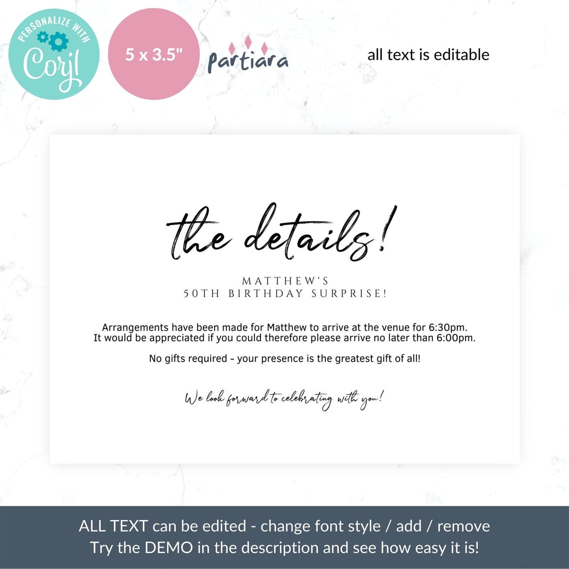 Birthday Invitation Details Insert Card Printable Men or - Etsy