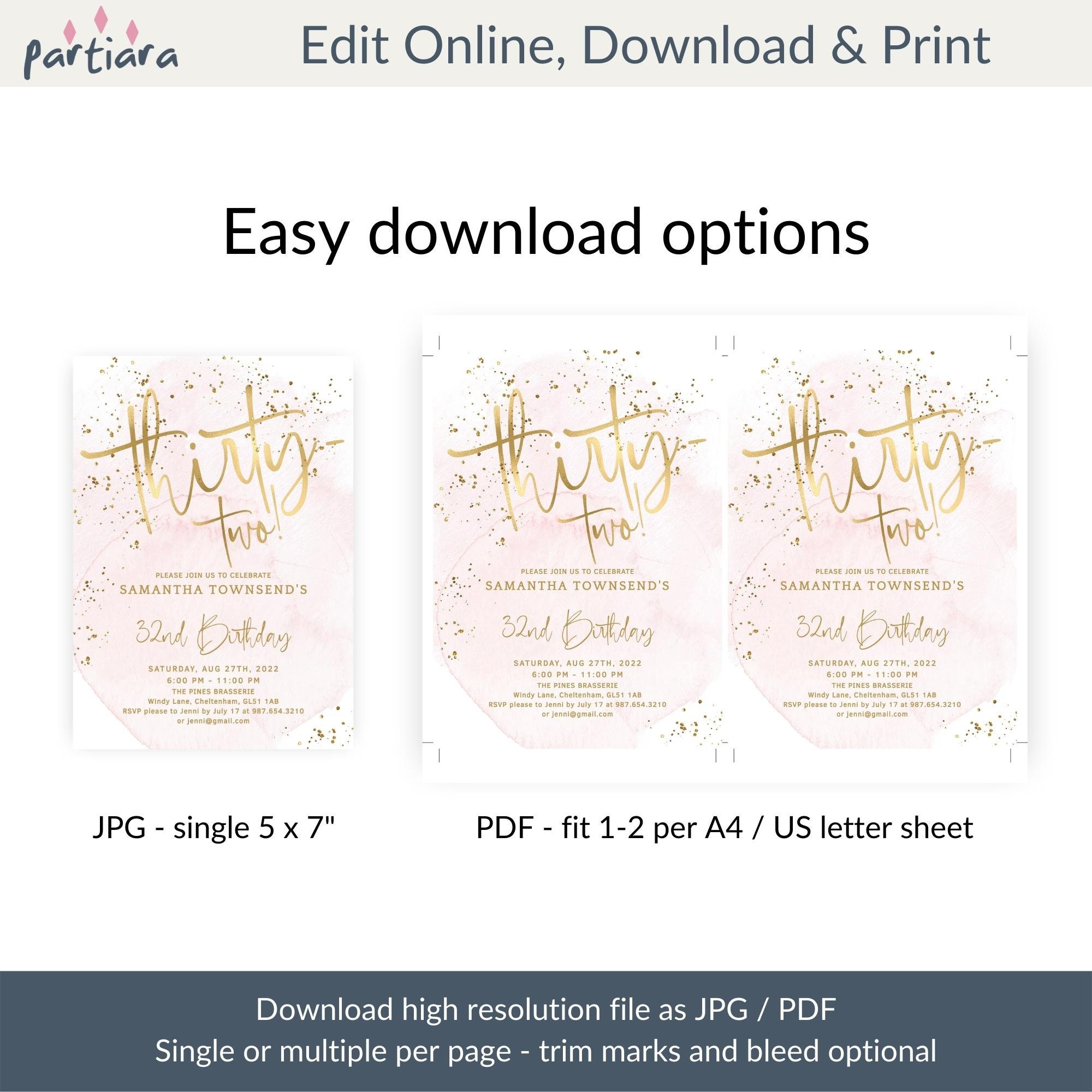 Pink Gold Birthday Invitation Printable 32nd Party Invites for | Etsy