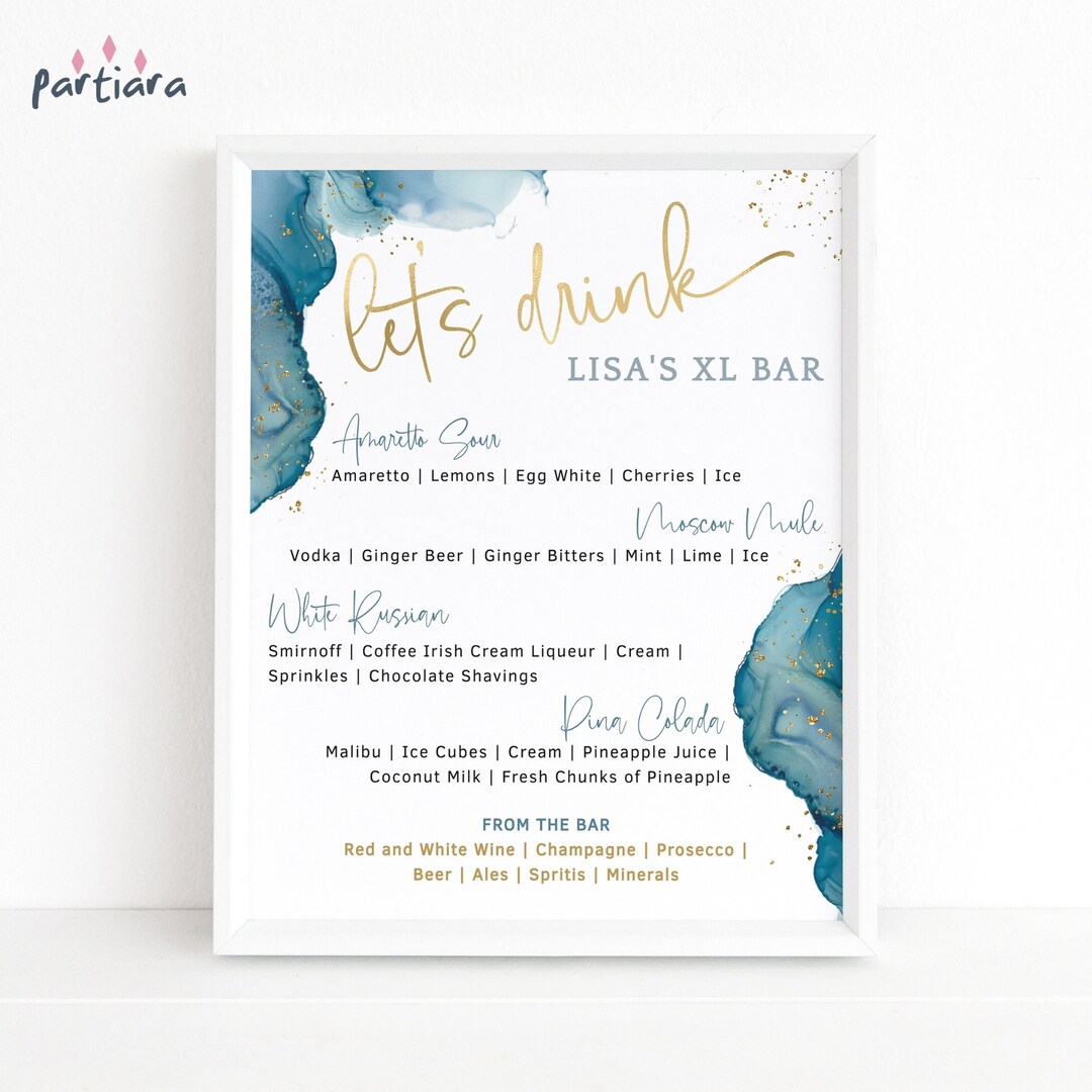 Teal Birthday Bar Menu Sign Printable, Dinner Party Drinks Table Poster ...