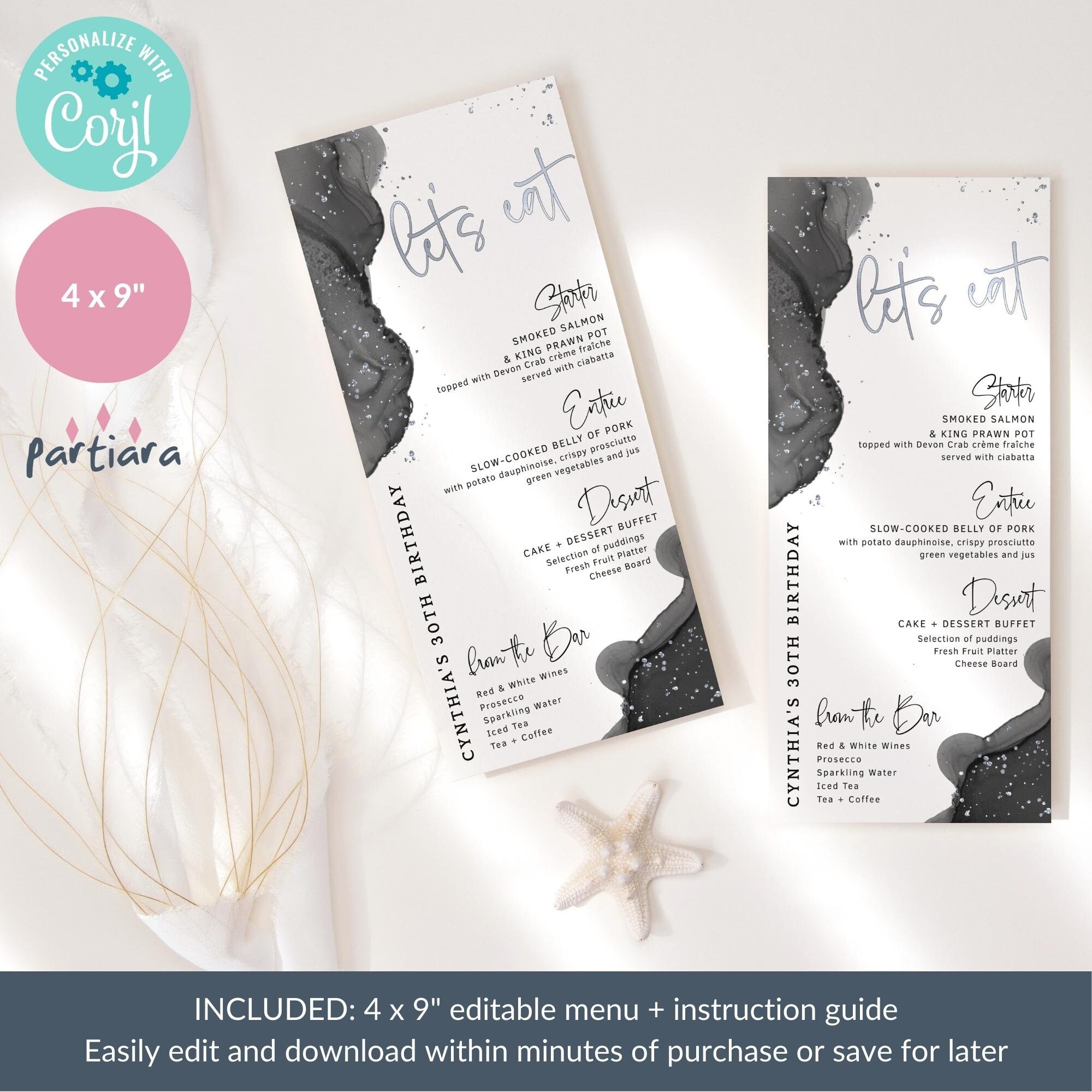 Black and Silver Food Menu Card Printable Birthday Table Menus Men or ...