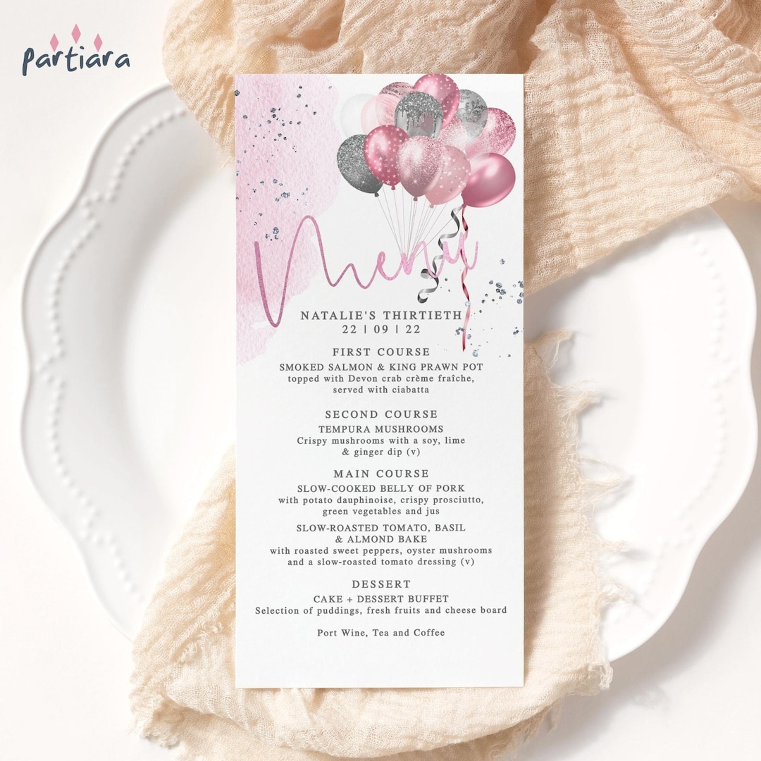 Teen Girls Birthday Menu Editable Pink Silver Ladies Brunch Dinner ...