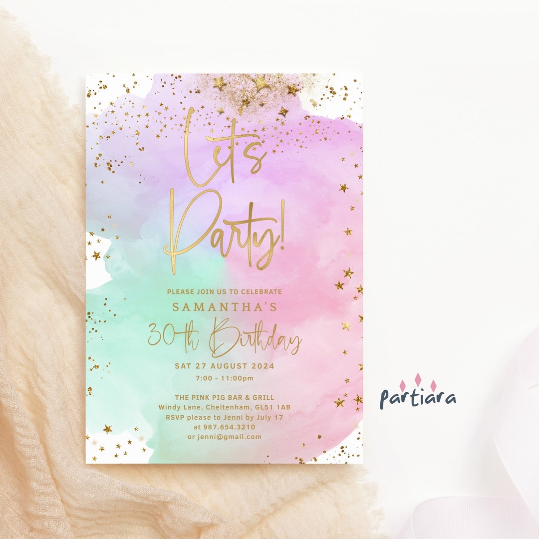Pastel Party Invitation, Lets Party Birthday Invite Printable, Mint ...