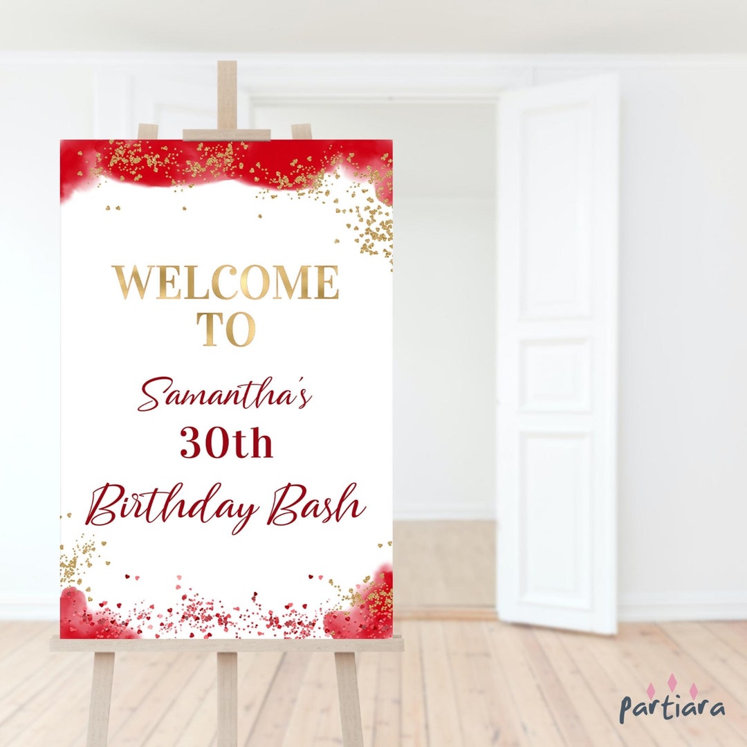 Editable Red Gold Welcome Sign Template, Christmas Holiday Party ...