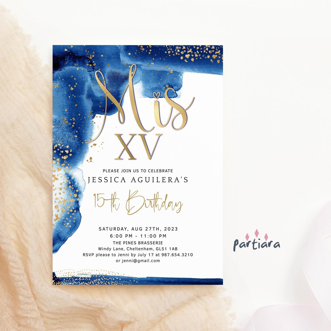 Mis XV Birthday Invitation Royal Blue Gold 15th Party Invites Printable ...