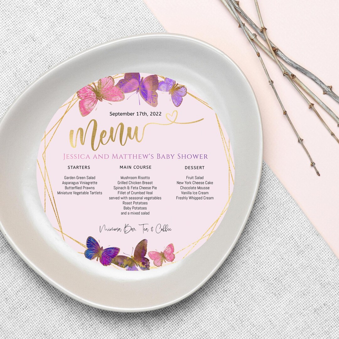 Butterfly Menu Insert Plate Charger Printable, Girl Baby Shower ...