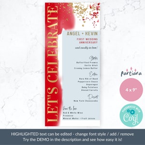 Anniversary Menu Card Dinner Party Table Menus Red Gold Plate Decor ...