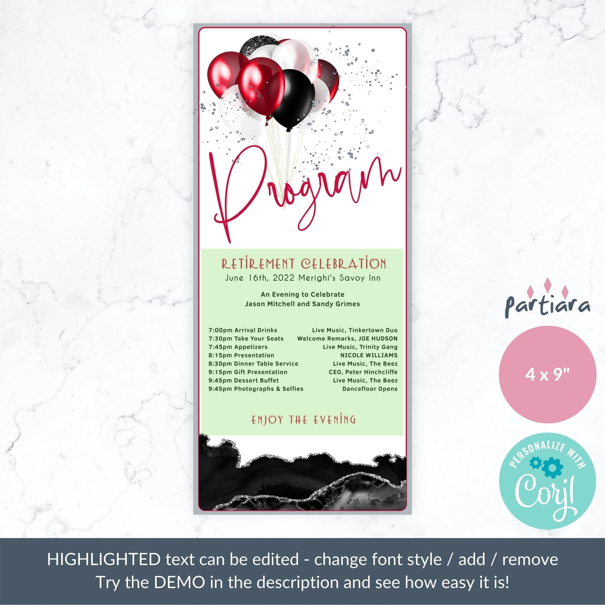 Red Black Silver Program Card Printable Men or Ladies - Etsy