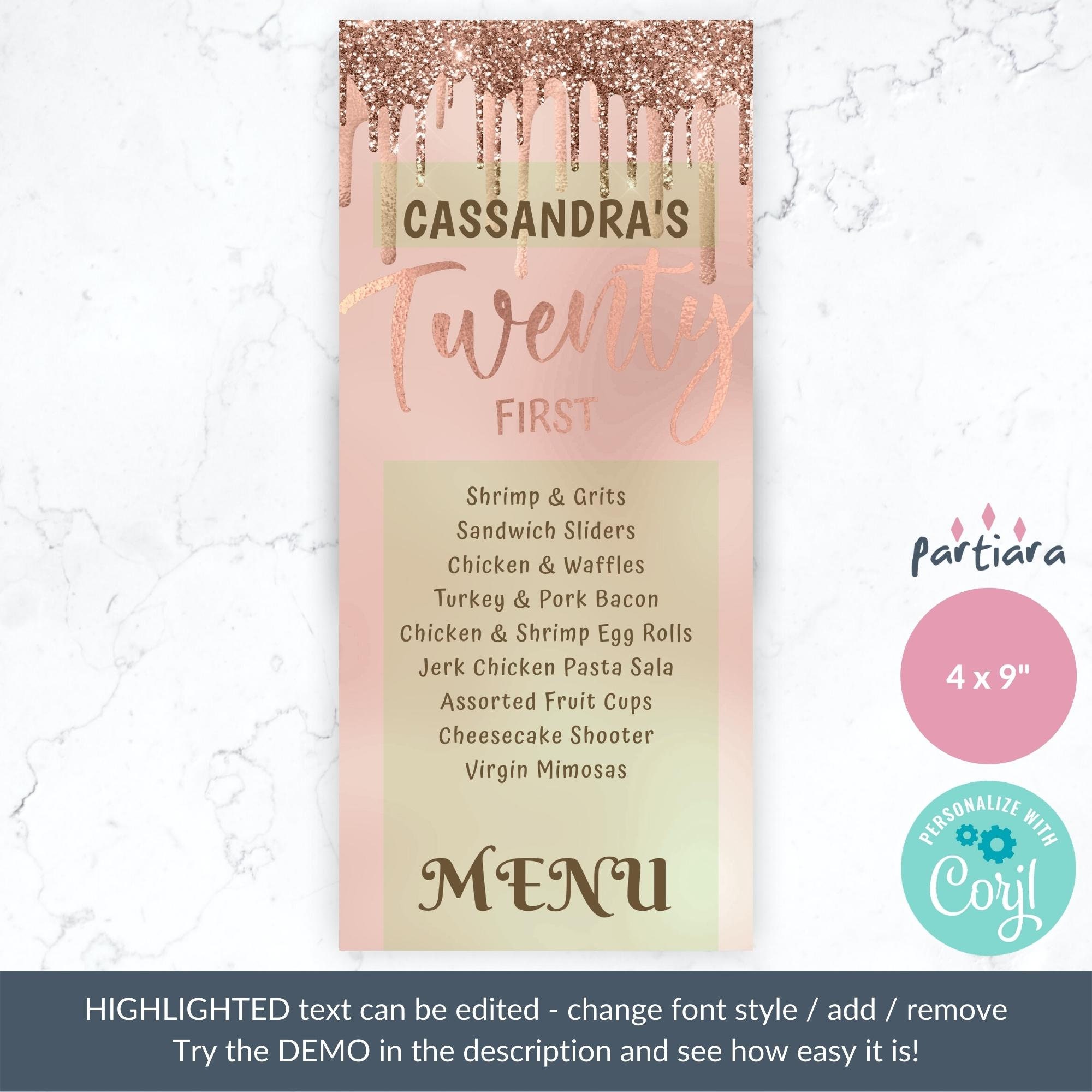 Rose Gold 21st Birthday Party Menus Printable Ladies Dinner | Etsy