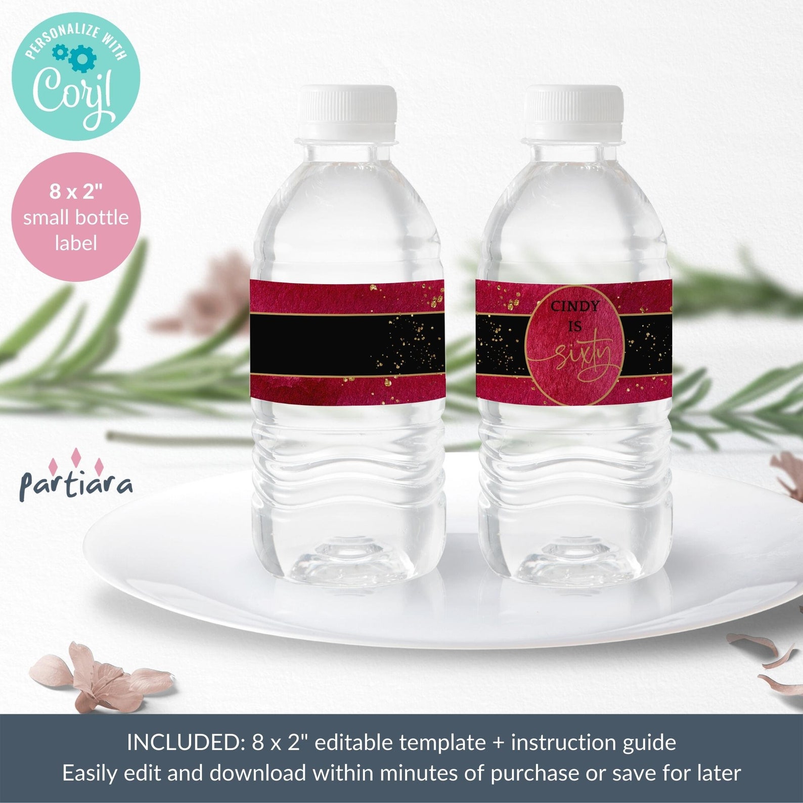 Red Gold Water Bottle Labels Printable Ladies Birthday Party - Etsy