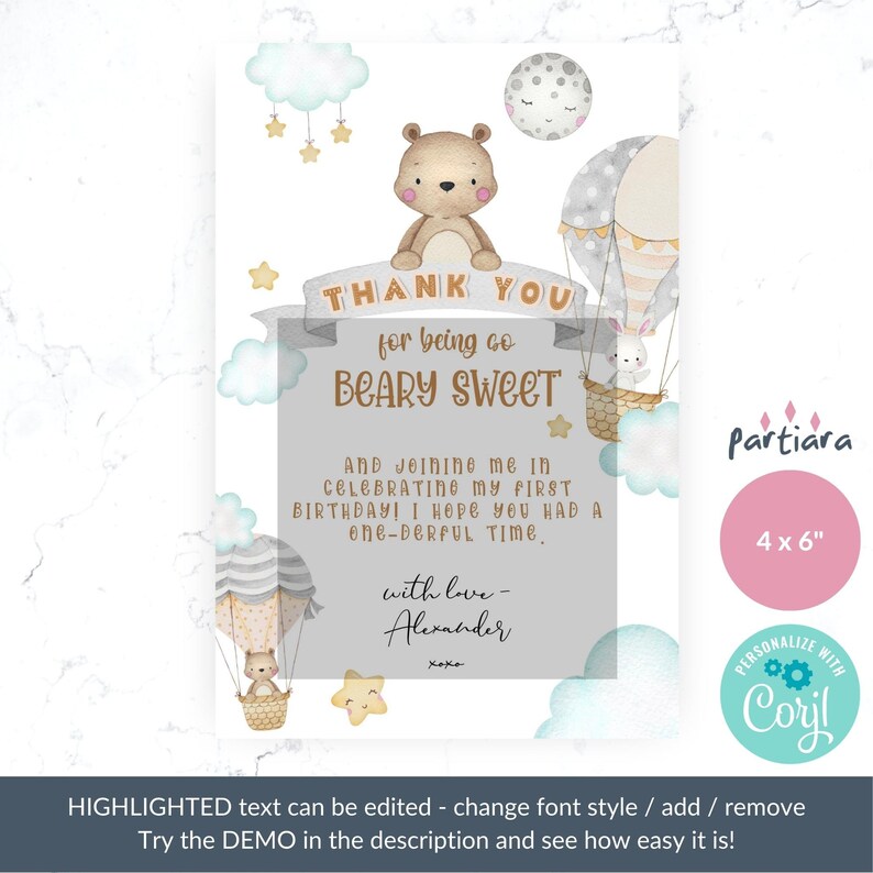 Teddy Bear Birthday Thank You Card Printable up up Away Hot - Etsy UK