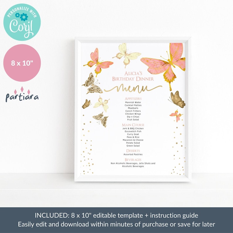 Coral Gold Butterfly Menu Card Printable Teen Girls Birthday - Etsy