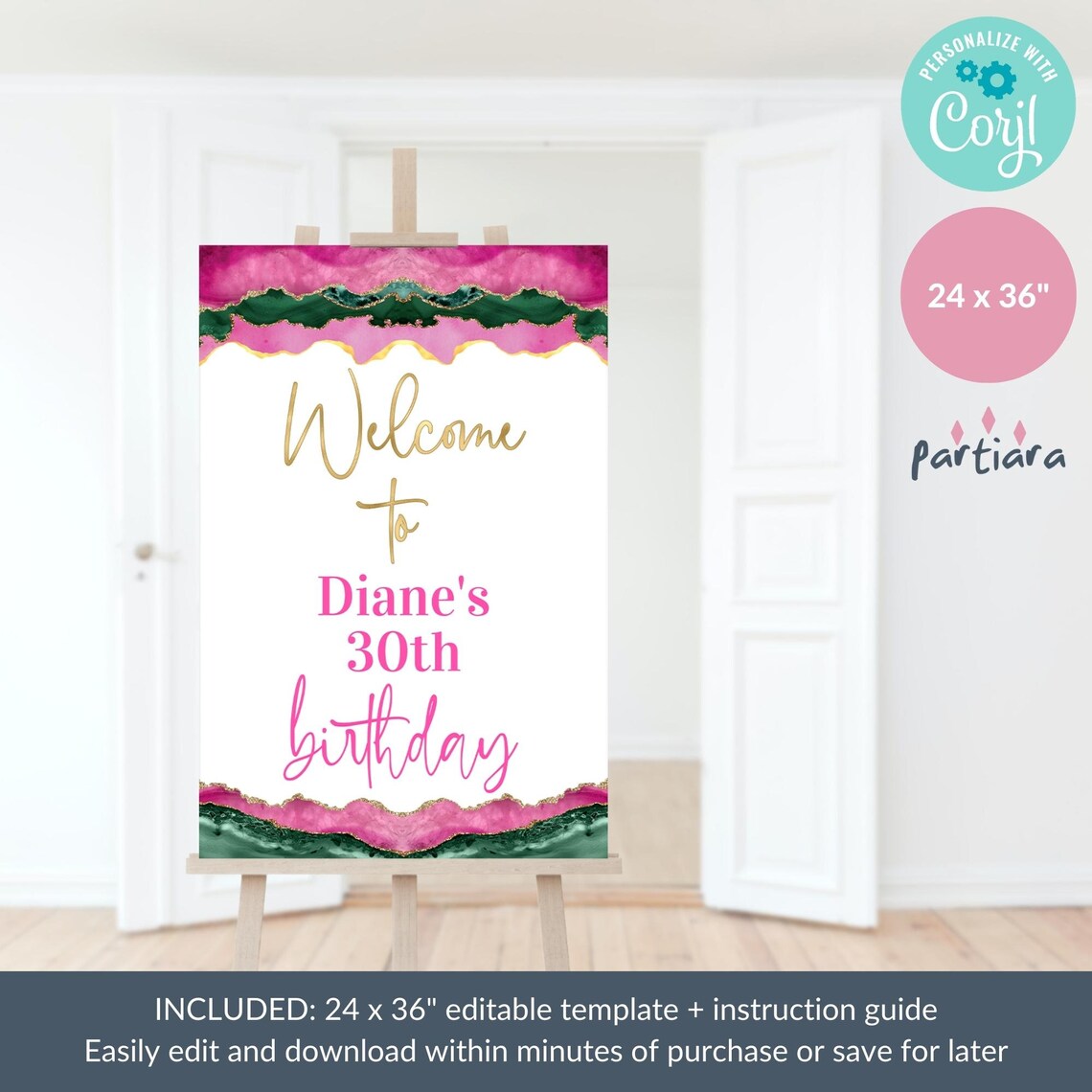 Ladies Welcome Sign Birthday Dinner Party Printable, Hot Pink Emerald ...