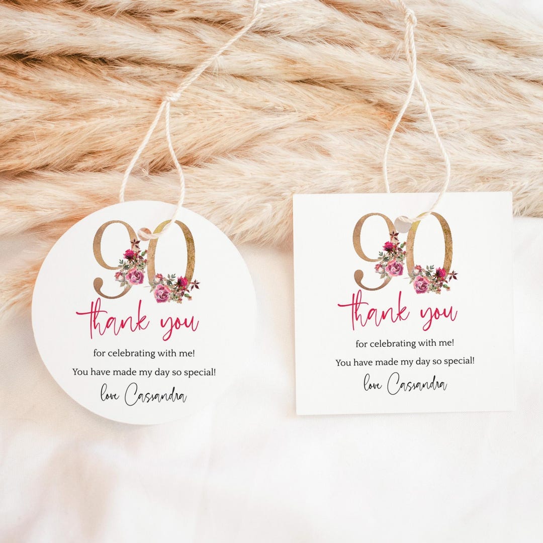 Floral 90th Birthday Tags, Ladies Favor Gift Thank You Labels Printable ...