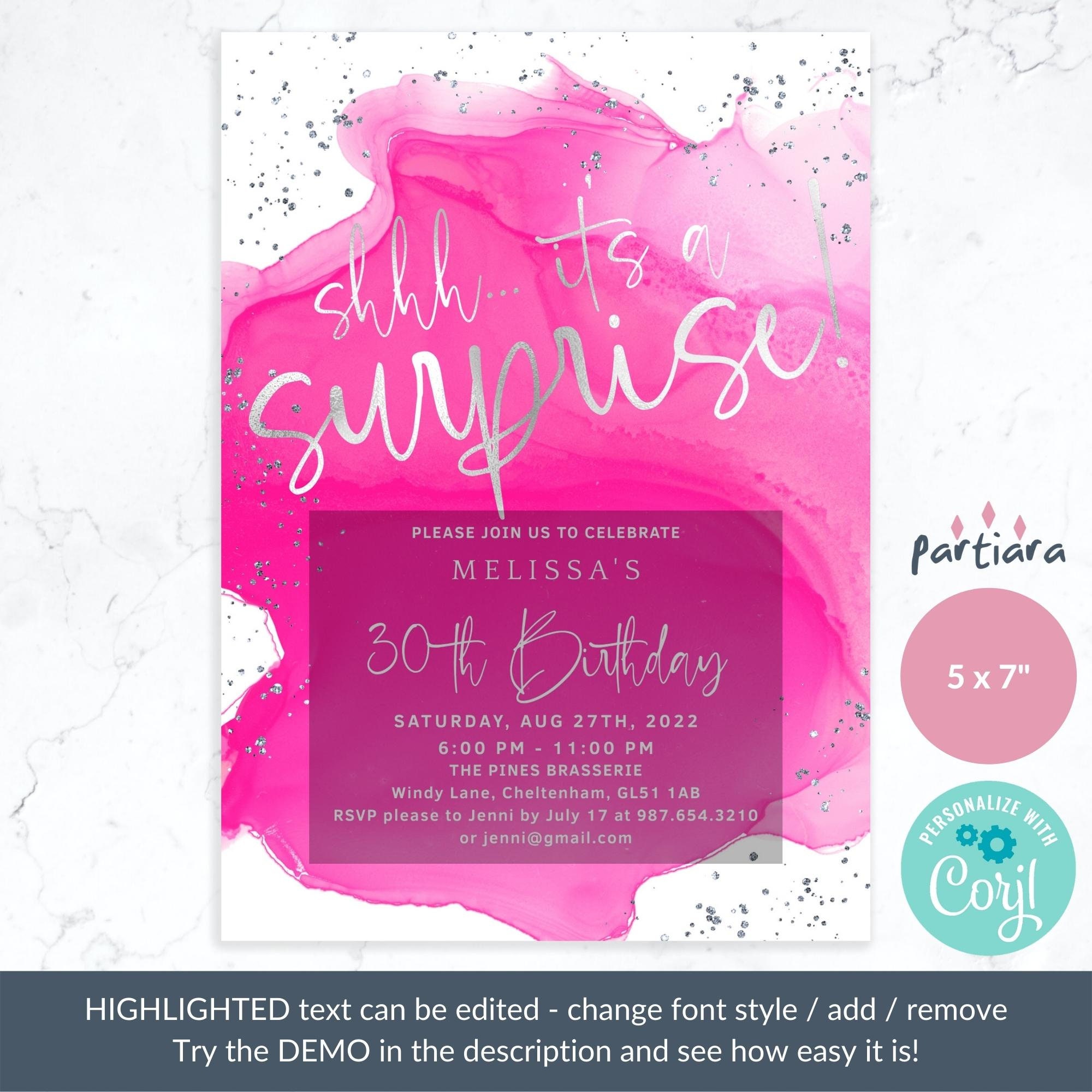 Hot Pink Surprise Birthday Invitation Printable Ladies Teens - Etsy
