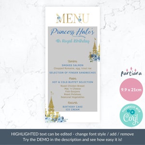 Princess Menu Card Girls 1st Birthday Menus Printable Blue and Gold ...