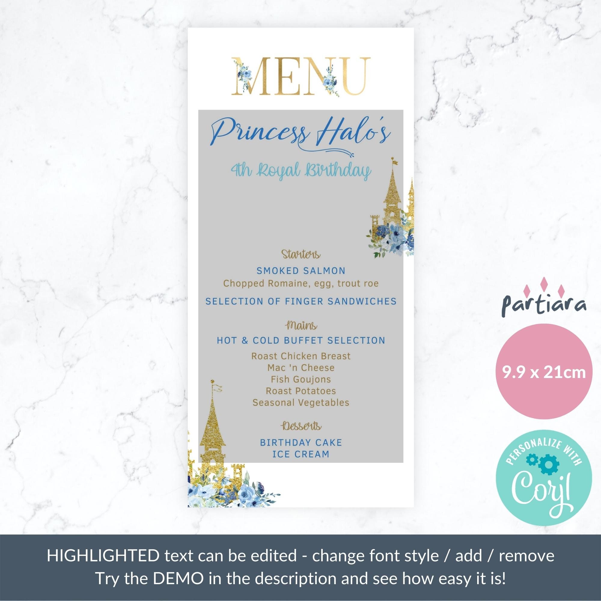 Birthday Princess Menu Card Template, Girls Fairytale Castle Menus ...