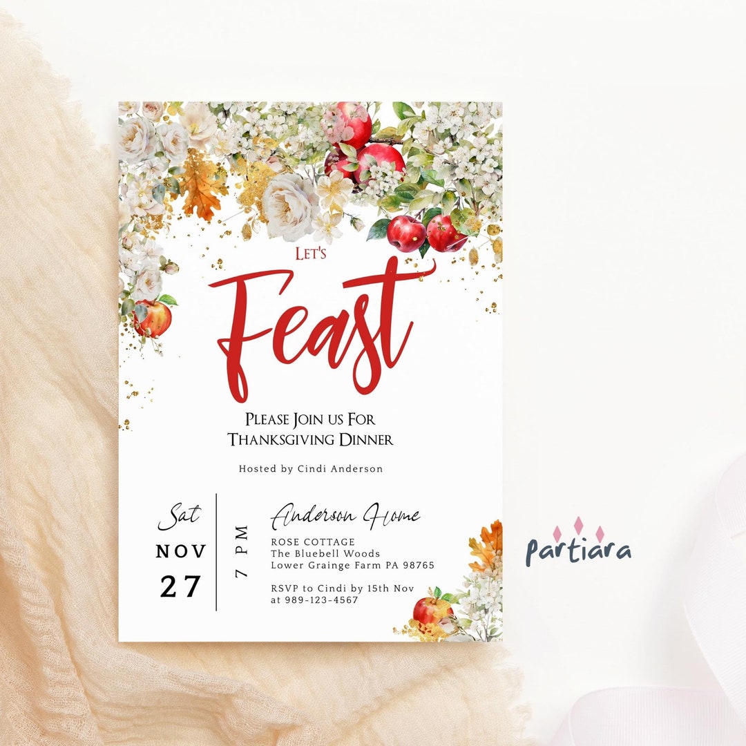 Let's Feast Invite Fall Birthday Invitations Floral Thanksgiving Dinner ...