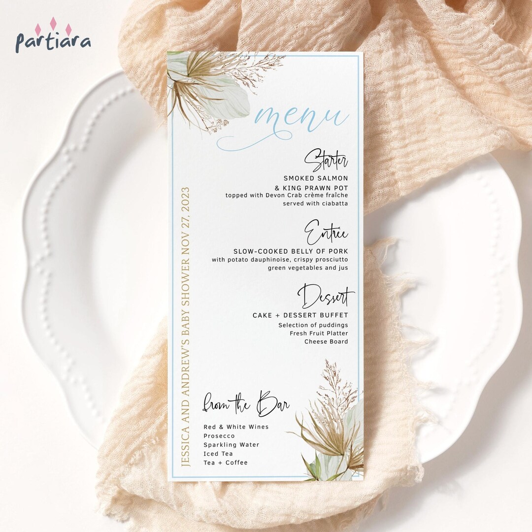 Pampas Grass Menu Printable Bohemian Party Menus Editable Digital ...