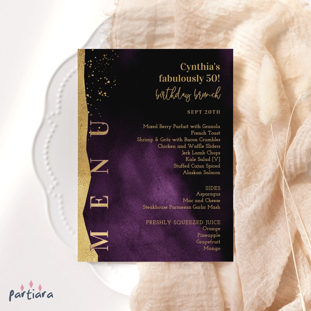 Royal Purple Gold Editable Menu Card Template Ladies Birthday Party ...