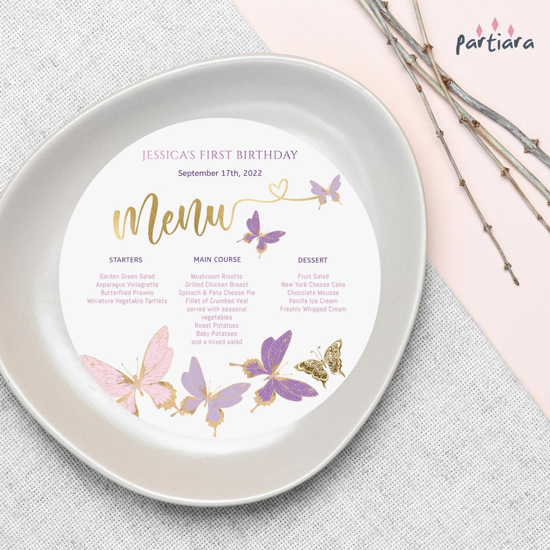 Butterfly Menu Card Editable Round Plate Charger Menus DIY - Etsy