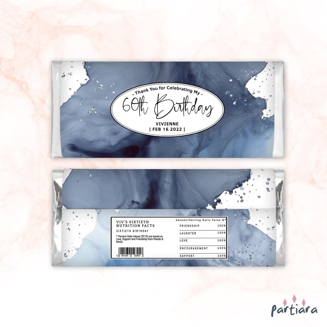 Blue Silver Birthday Candy Label Wrapper Chocolate Bar Favors Printable ...