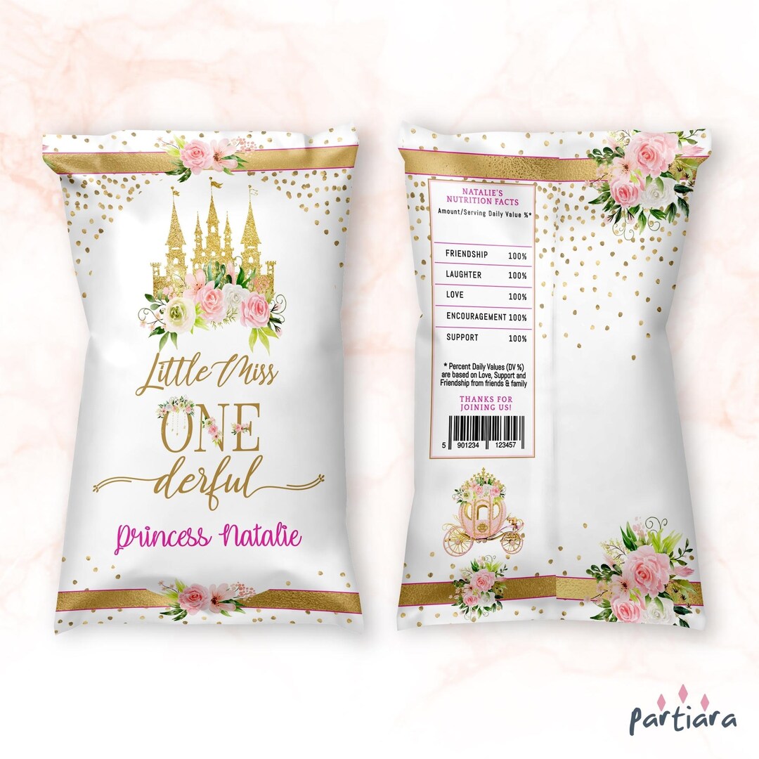 Girl Onederful Party Chip Bag 1st Birthday Princess Favors Label ...