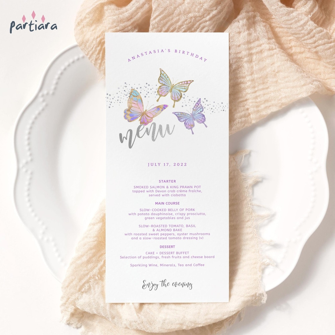 Editable Butterfly Menu Girl Baby Shower Menus Teen Girls Birthday ...