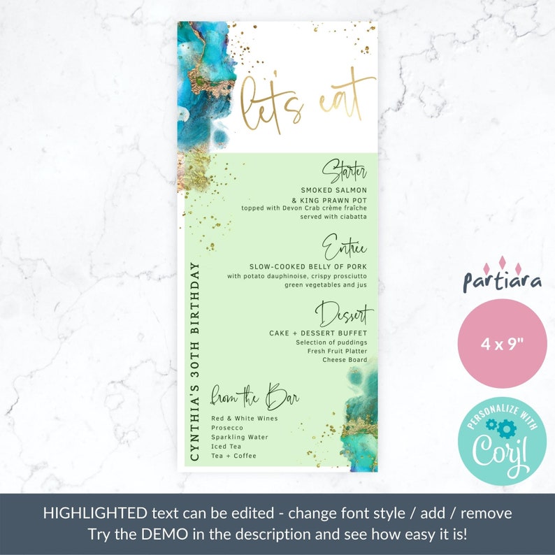Teal Blue Gold Birthday Menu Template Editable Party Table - Etsy